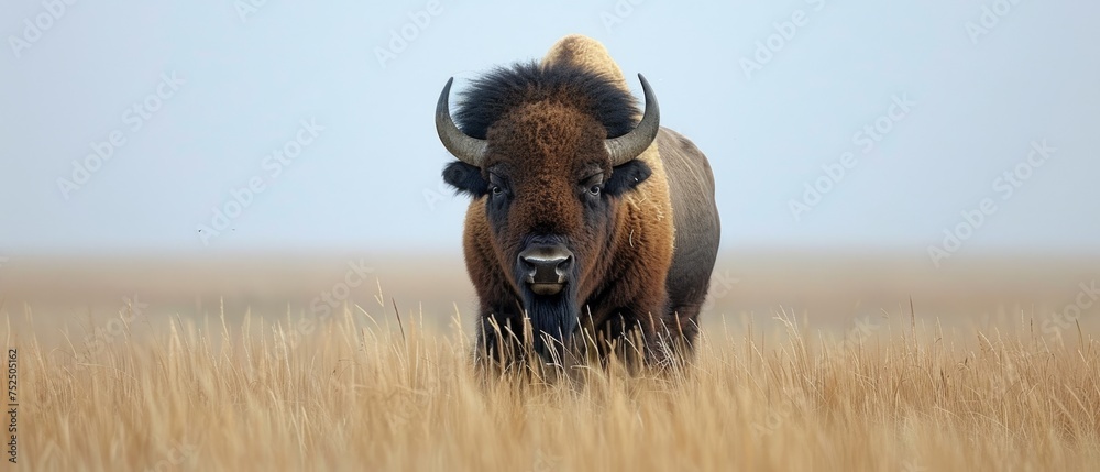 a bison standing in the middle of a field of tall grass with it's head ...