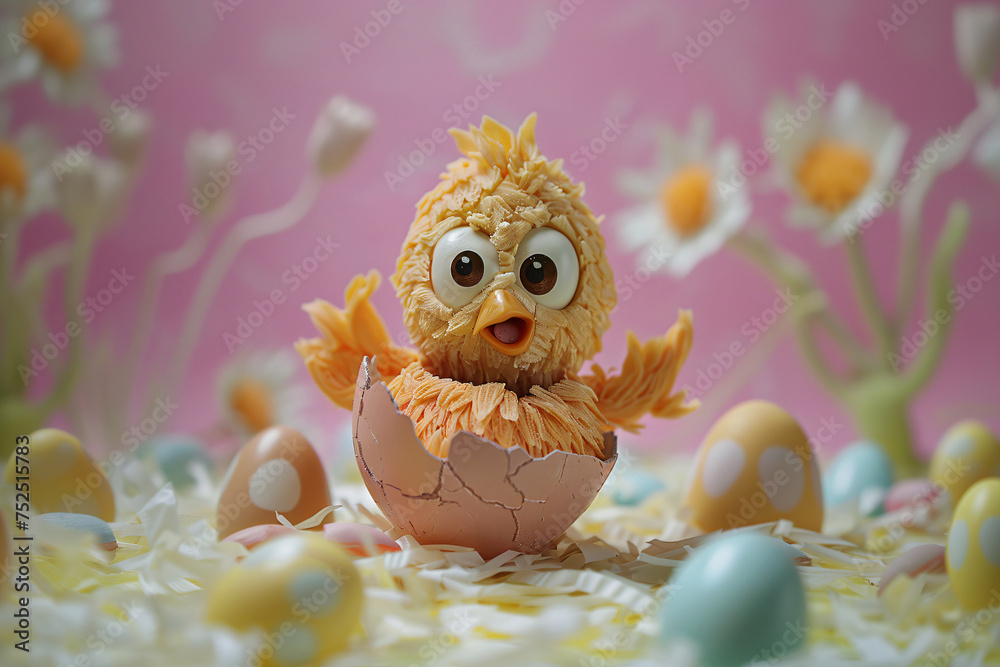 Claymation chicks hatching from Easter eggs among spring flowers ...