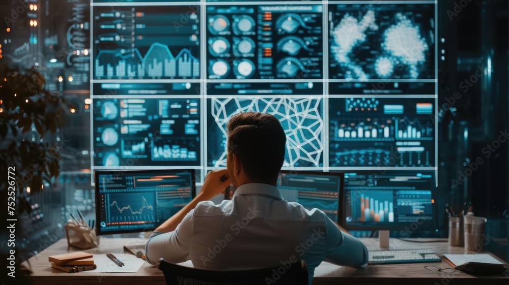 professional data analyst contemplates complex data on multiple screens ...
