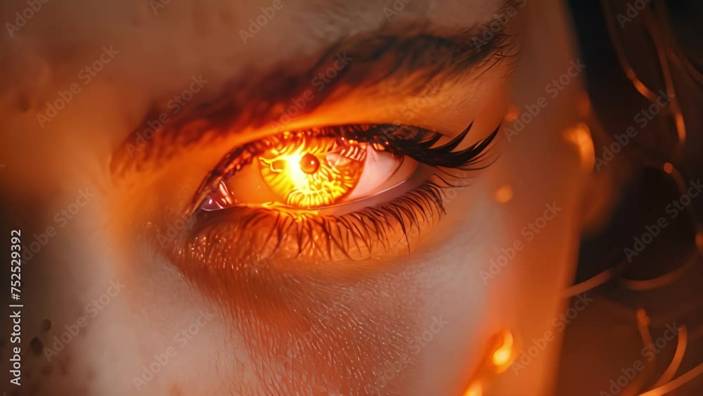 Vidéo Stock Close up of human eye with fire flames in dark background ...