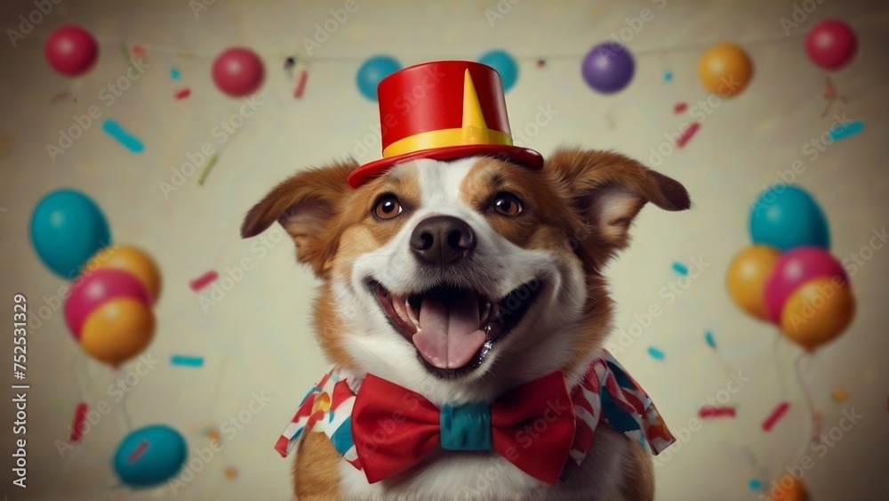 April Fools Day, funny dog in a clown hat, circus performer, trained ...