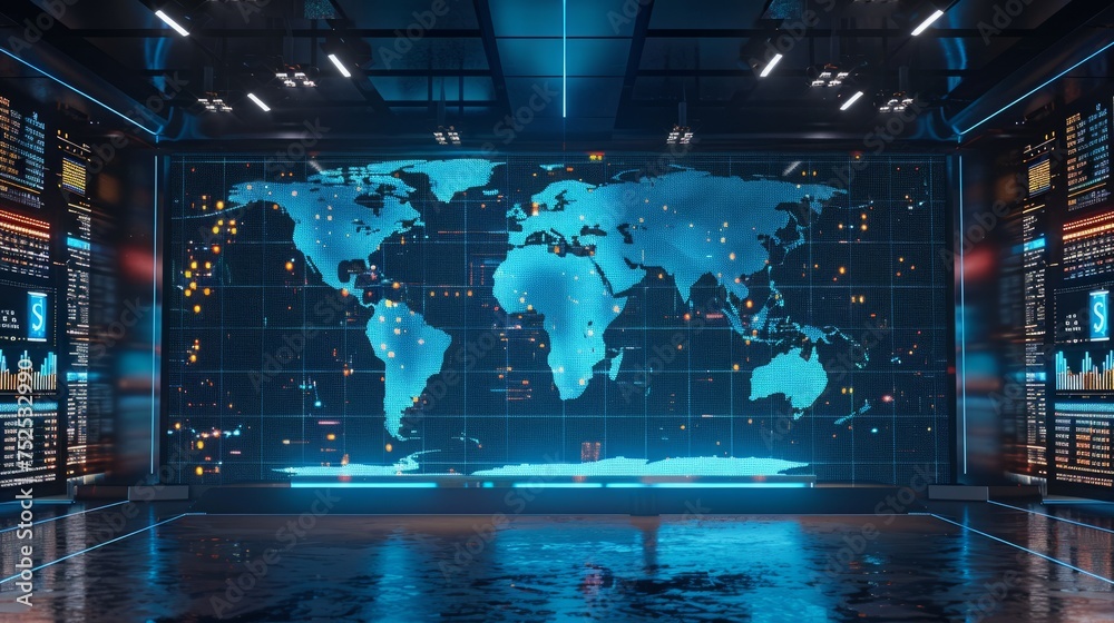 High-tech control room with glowing world map screens, data analytics display and futuristic ...