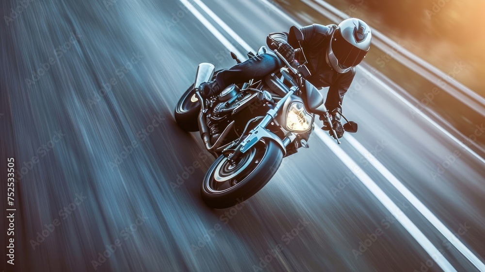 a motorcyclist speeding on a highway, leaning into a sharp corner with ...