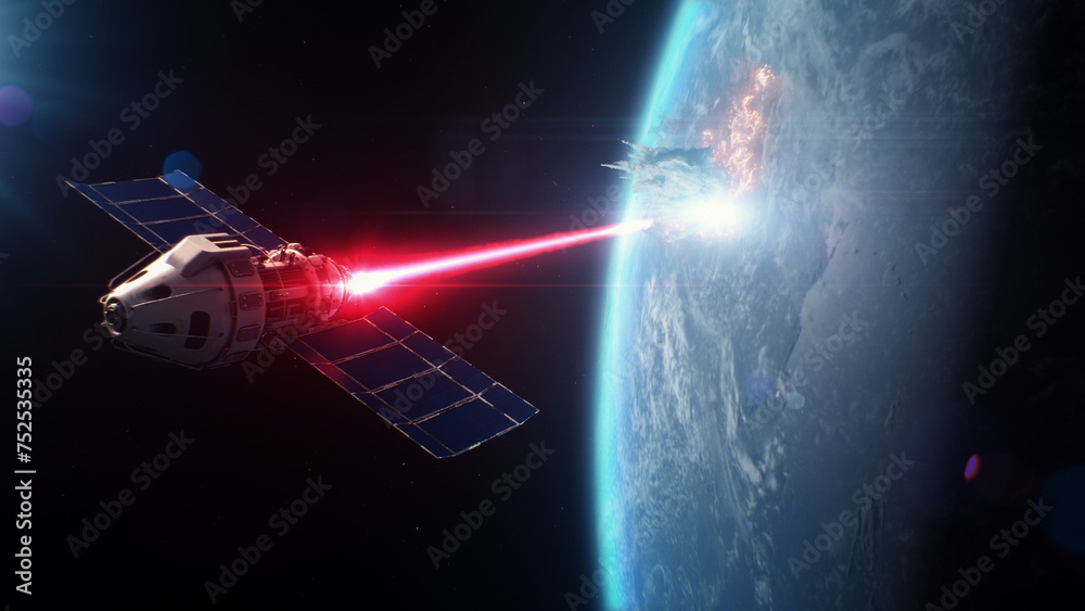 3D animation of satellite attacking Earth planet with laser weapon from ...