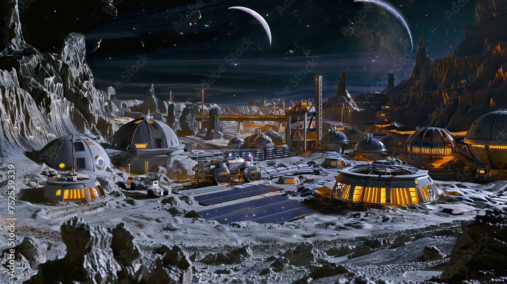 Lunar Colony Outpost Stage: Craters and lunar rocks surround this ...