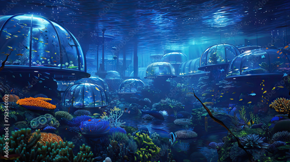 Futuristic Underwater City Stage: Bioluminescent sea creatures and ...