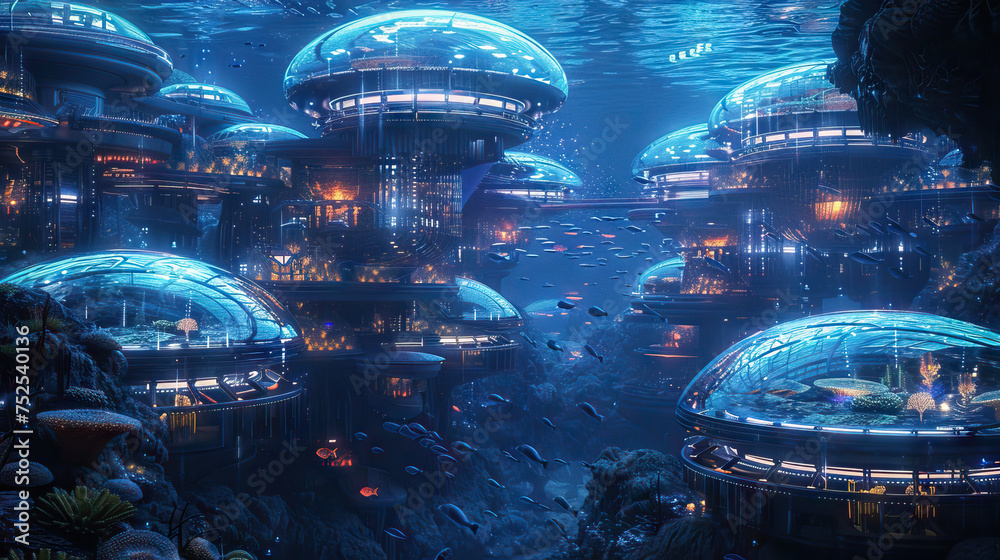 Futuristic Underwater City Stage: Bioluminescent sea creatures and ...