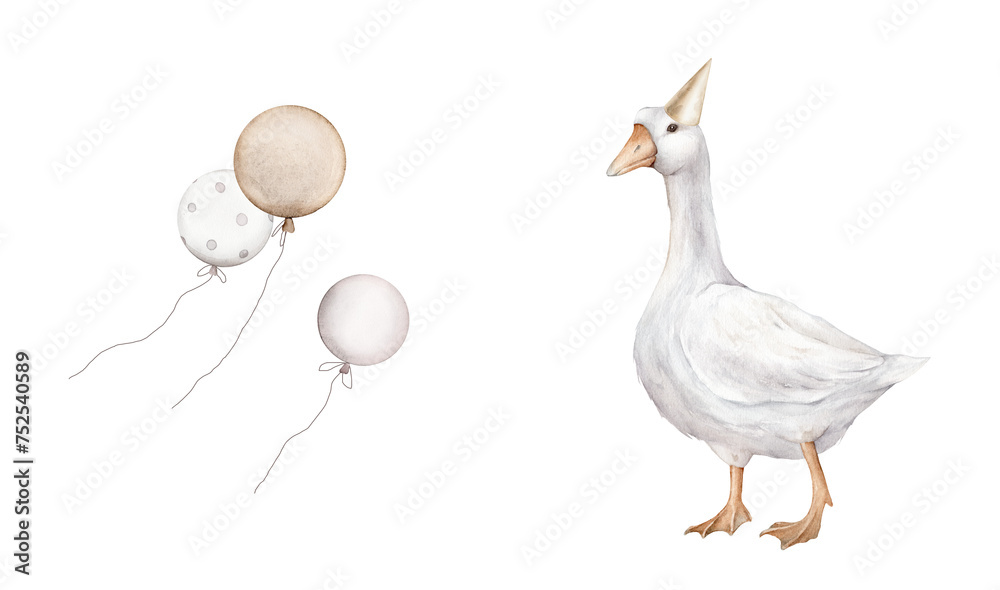 Watercolor goose and balloon for birthday pastel golden and beige color ...