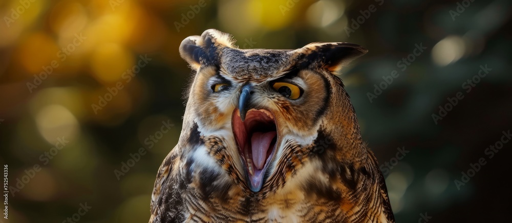 Majestic owl with mouth wide open displaying its long tongue in a ...