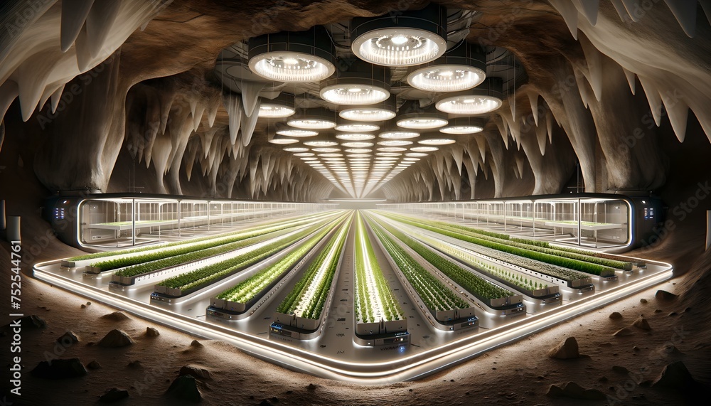 Futuristic underground farm with rows of plant growth beds and advanced ...