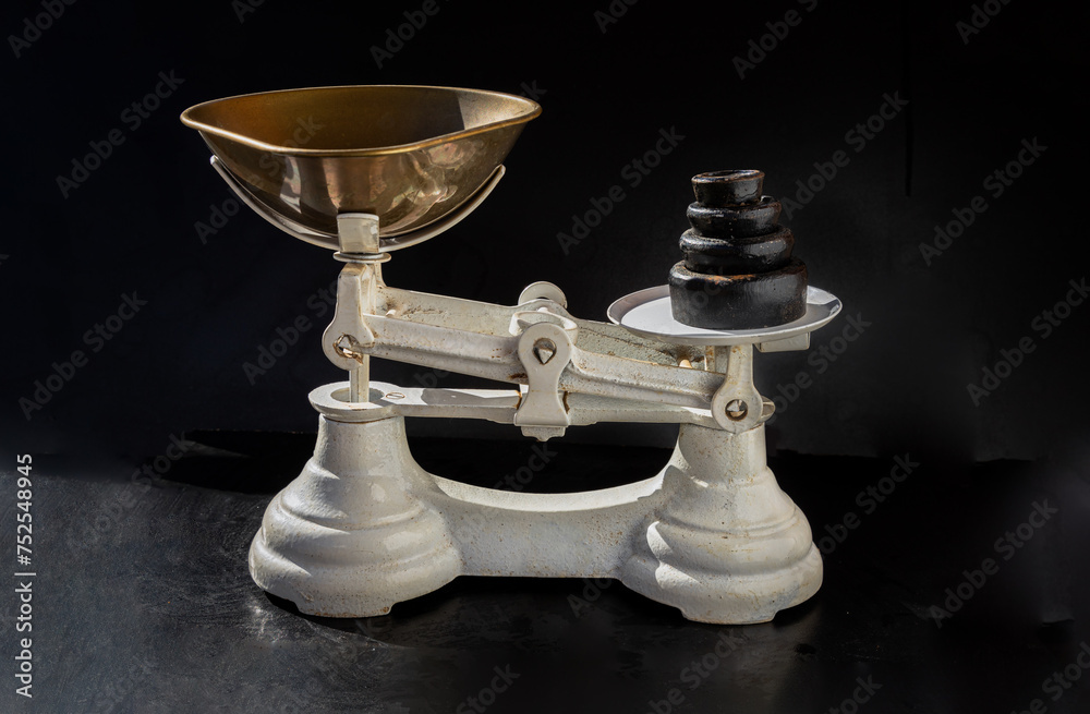 Old obsolete manual weighing scales and Iron Brass Tray with set of ...