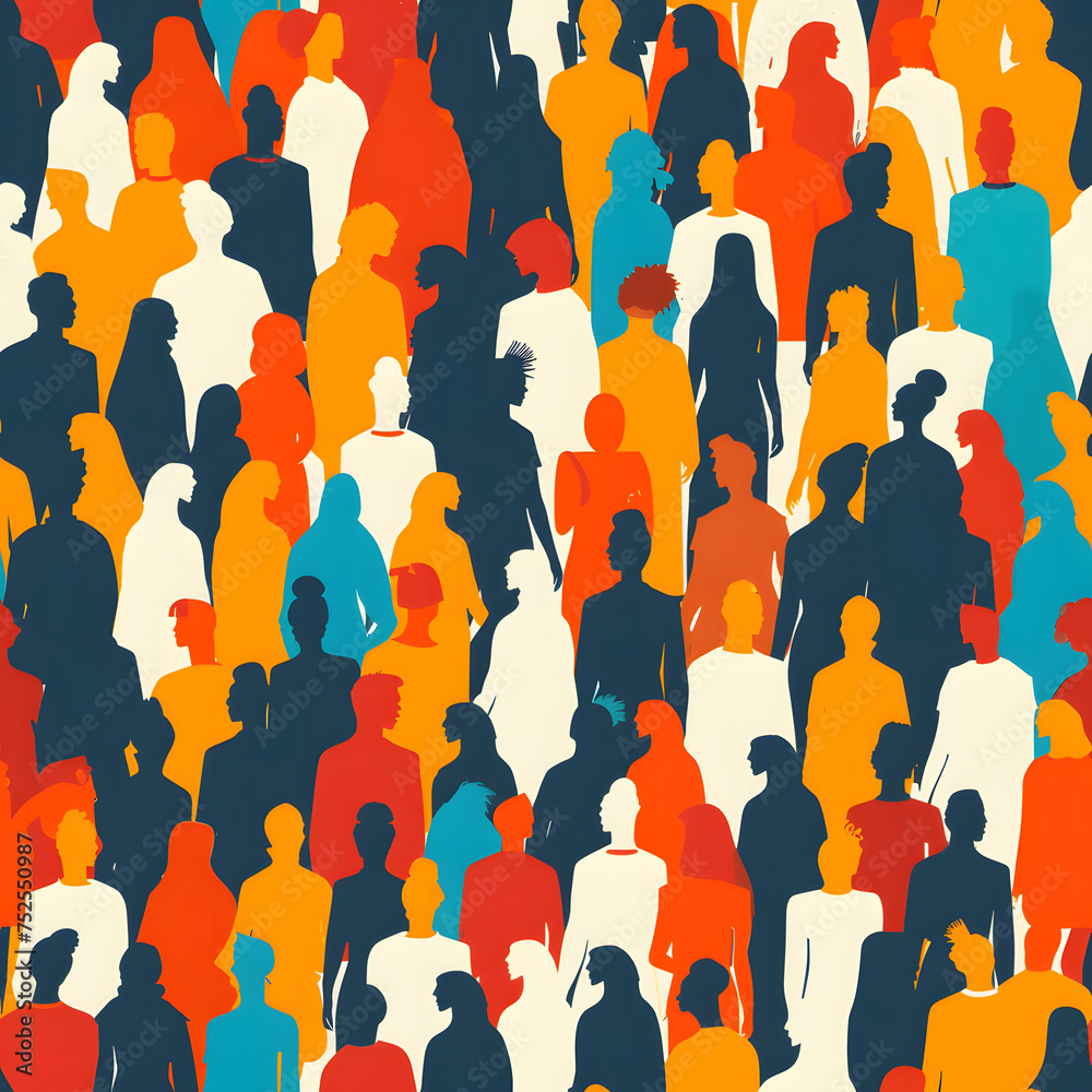 Simple flat two-color graphics of people silhouettes, diverse crowd ...