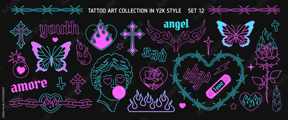 Y2k Glam Tattoo Art set in 2000s style. Y2k Emo Goth heart, butterfly ...