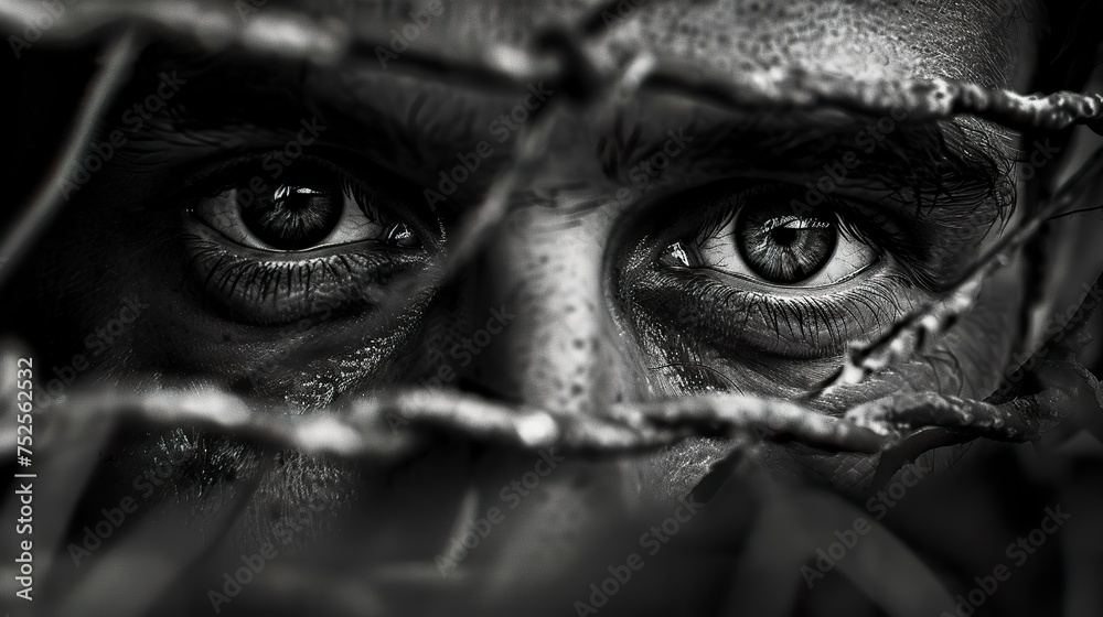 A masculine look of hope. Concept of hiding the truth behind a wire ...