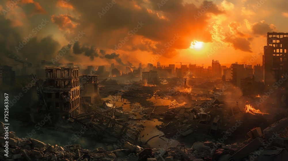 A haunting depiction of a post-apocalyptic abandoned city, with ...