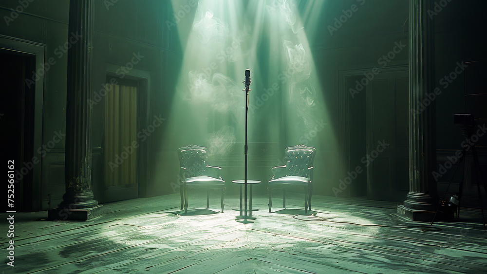 Empty theater stage with vintage chairs and a single microphone, bathed ...