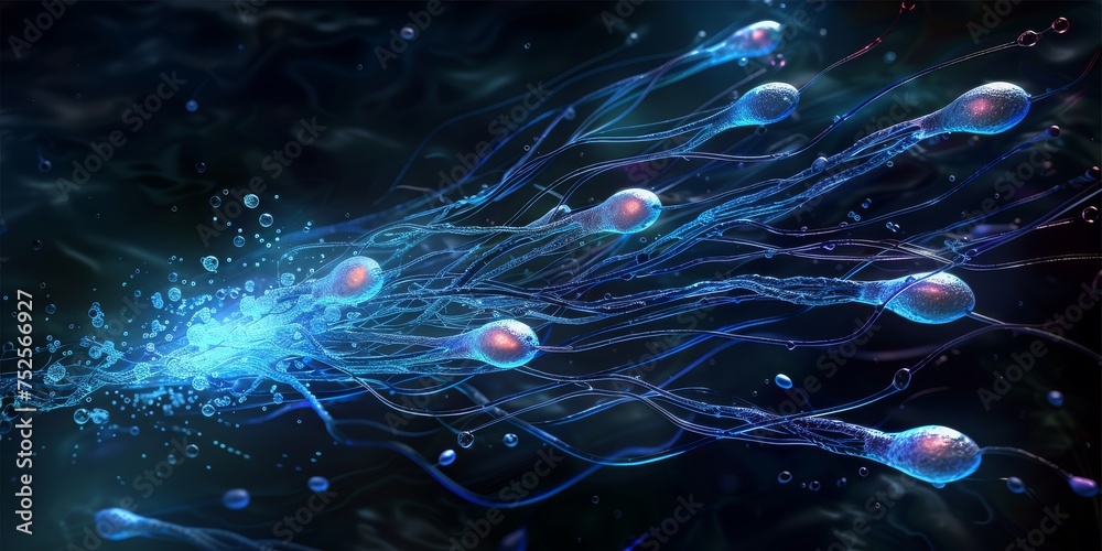 Artistic depiction of sperm cells swimming dynamically in a detailed ...