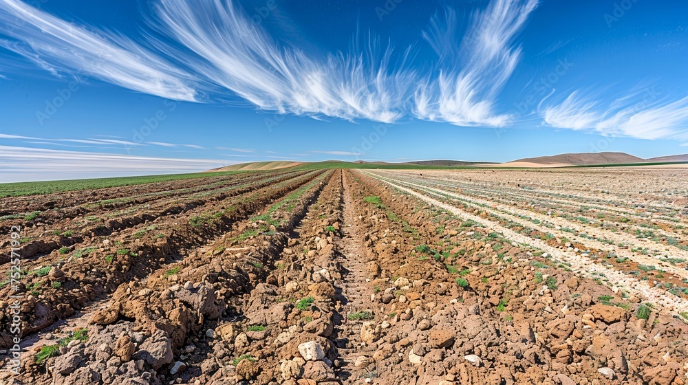 A dramatic sky stretches over vast farm fields with precise planting ...