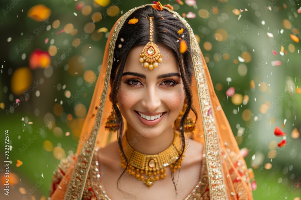 Indian bride in traditional wedding attire with gold embroidery and ...