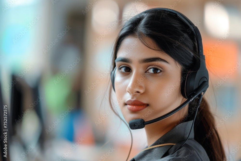 Indian female professional call center agent in customer support wearing wireless headset ...