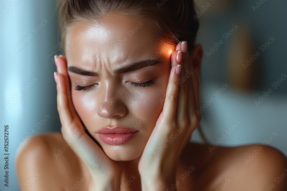 A woman clutching her temple with a wince, dealing with symptoms of a ...