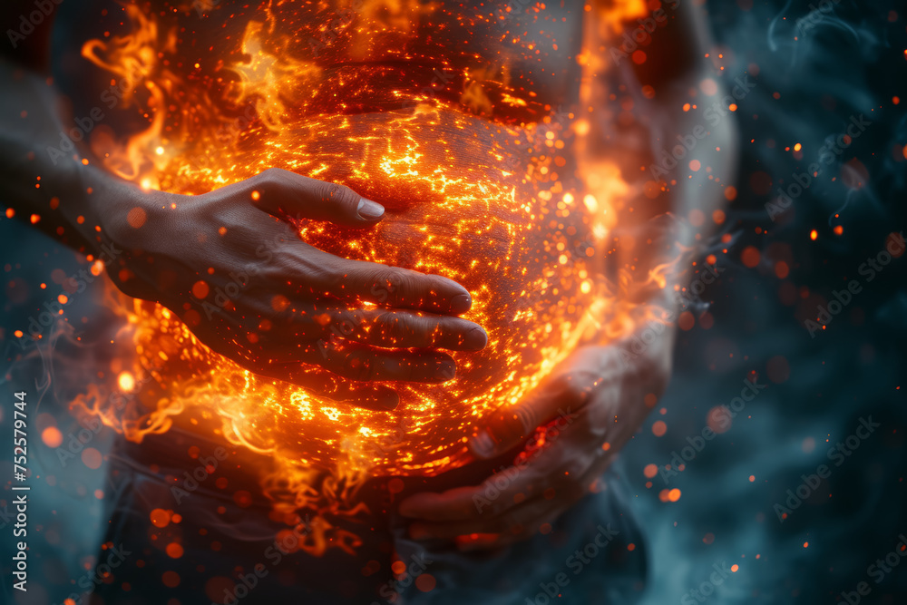 A person holding their stomach, doubled over in pain, indicating severe ...