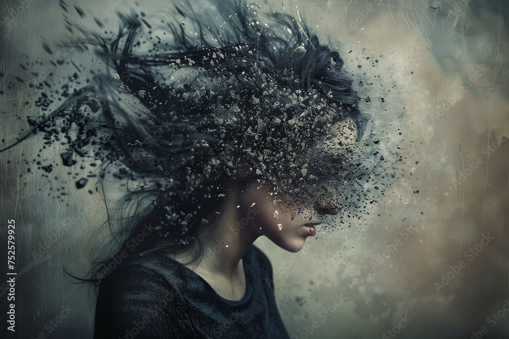 Surreal portrait of a woman disintegrating into particles, symbolizing ...