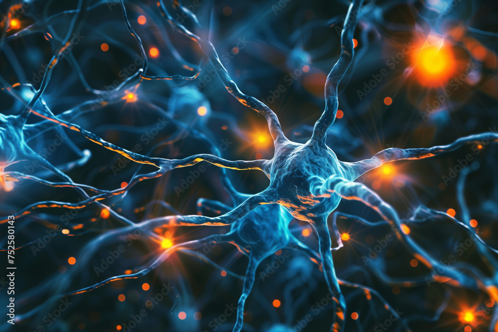 neurons under strong magnification, neural network live impulses ...