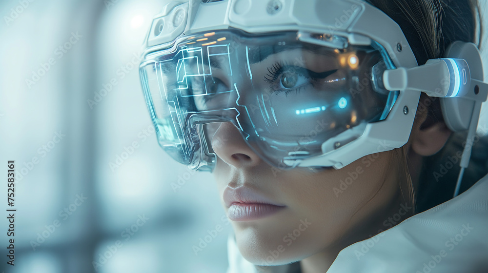 Pretty young woman wearing goggles with futuristic human computer ...