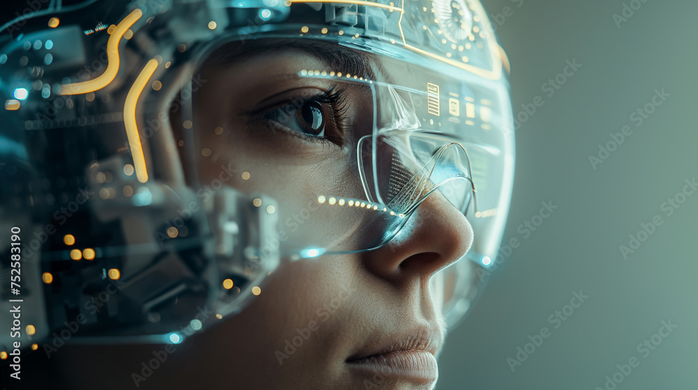 Pretty young woman wearing goggles with futuristic human computer ...