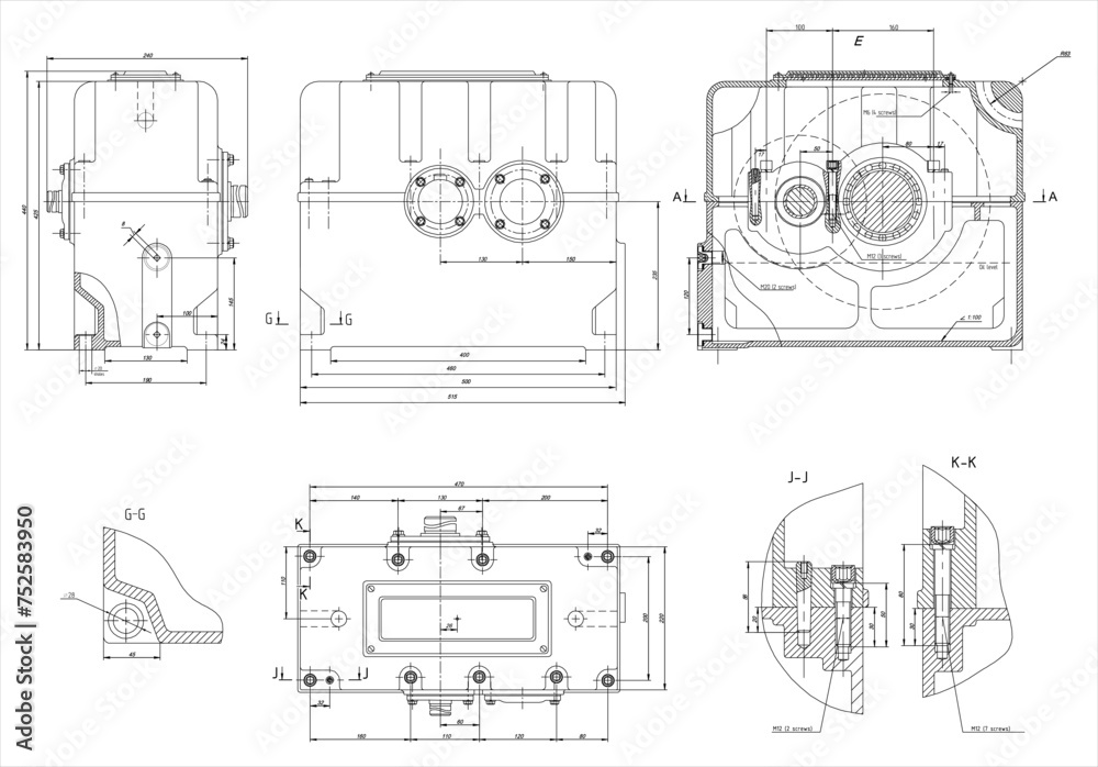Assembly drawing of reducer. Vector drawing of steel mechanical device ...