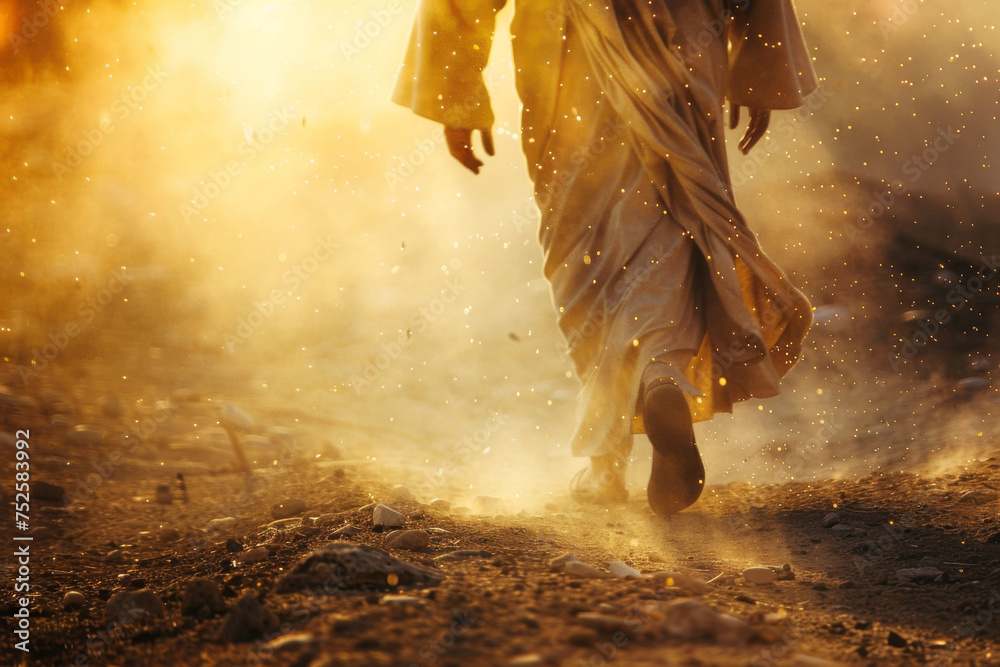 Jesus Christ Walking Alone on Old Pathway in Dust During Sunrise Stock ...
