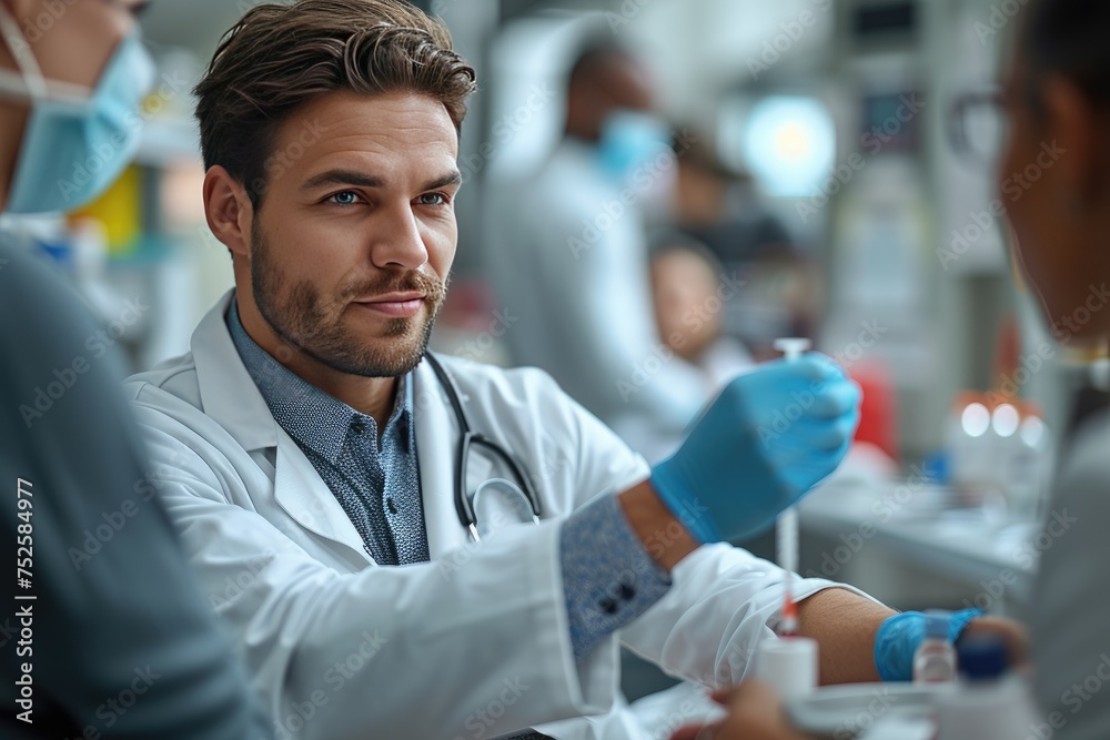 Blood donor concept. Doctor collect blood sample and hold needle into ...