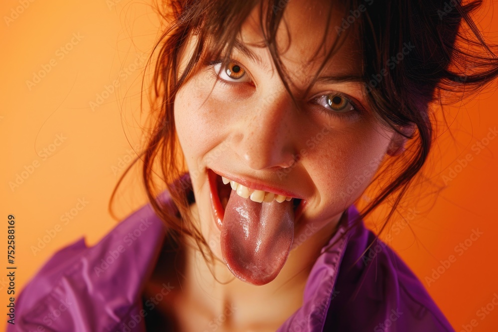 Close-up of a young woman making a silly face by poking out her tongue ...