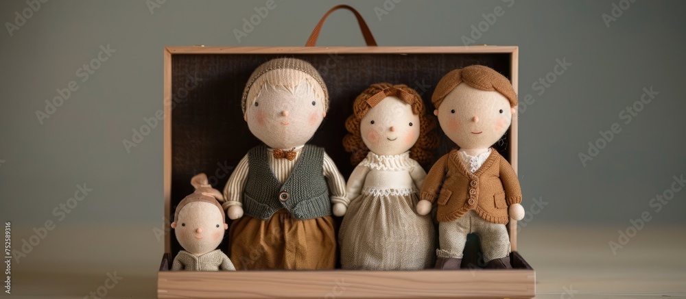 A handcrafted set of plush toys depicting a family of three dolls ...