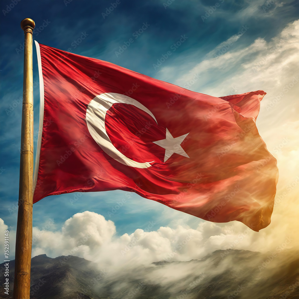 Silk Turkish Flag Waving Among The Clouds In Blue Sky With Wooden Silk Turkish Flag Waving Among The Clouds In Blue Sky With Wooden