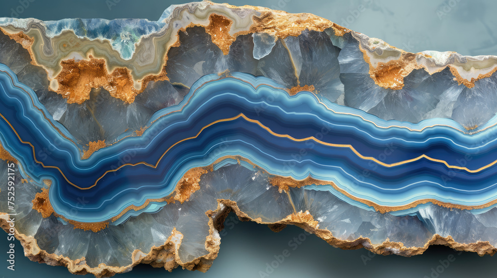 A cross-section of an agate stone reveals beautiful layered patterns of ...