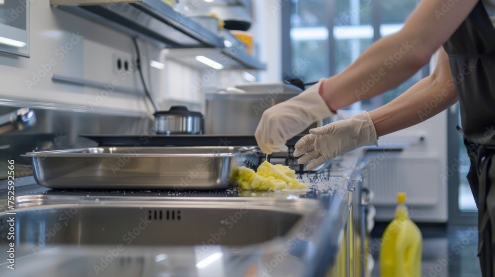 A person wearing gloves is meticulously cleaning an office kitchen ...