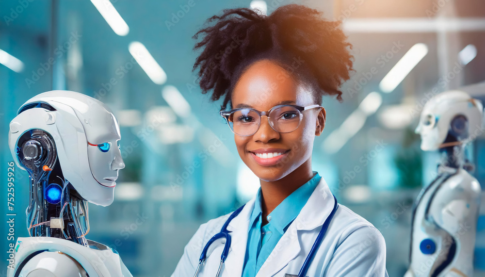 In a modern lab, a doctor and a robot stand side by side, symbolizing ...