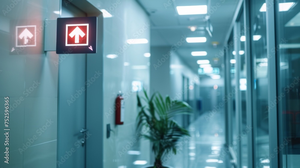 Illuminated emergency exit sign above a door in a well-lit ...