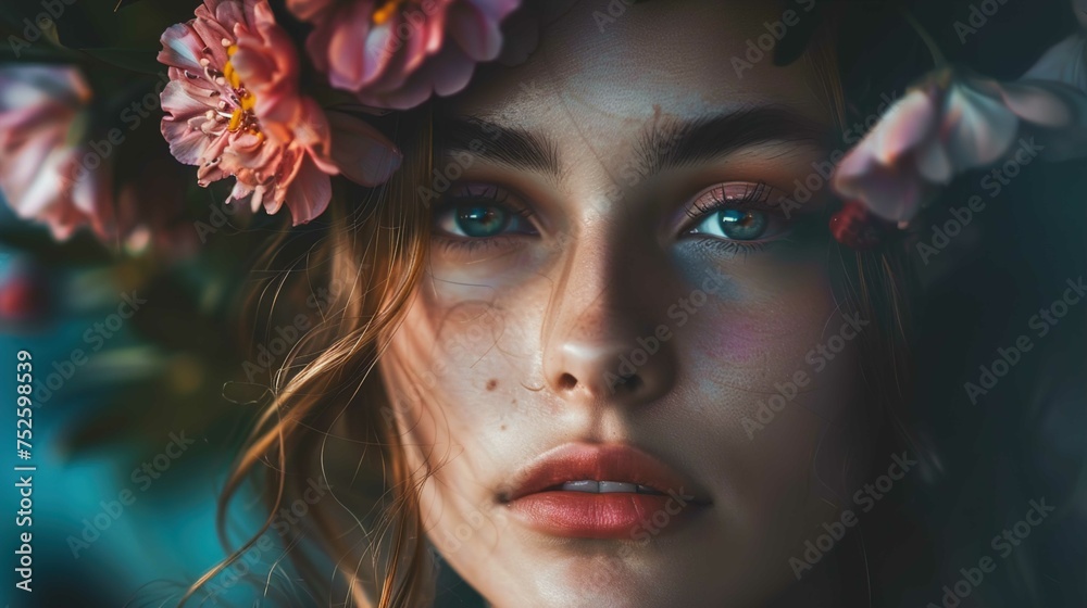 Foto de A close-up portrait of a woman's face surrounded by pink ...