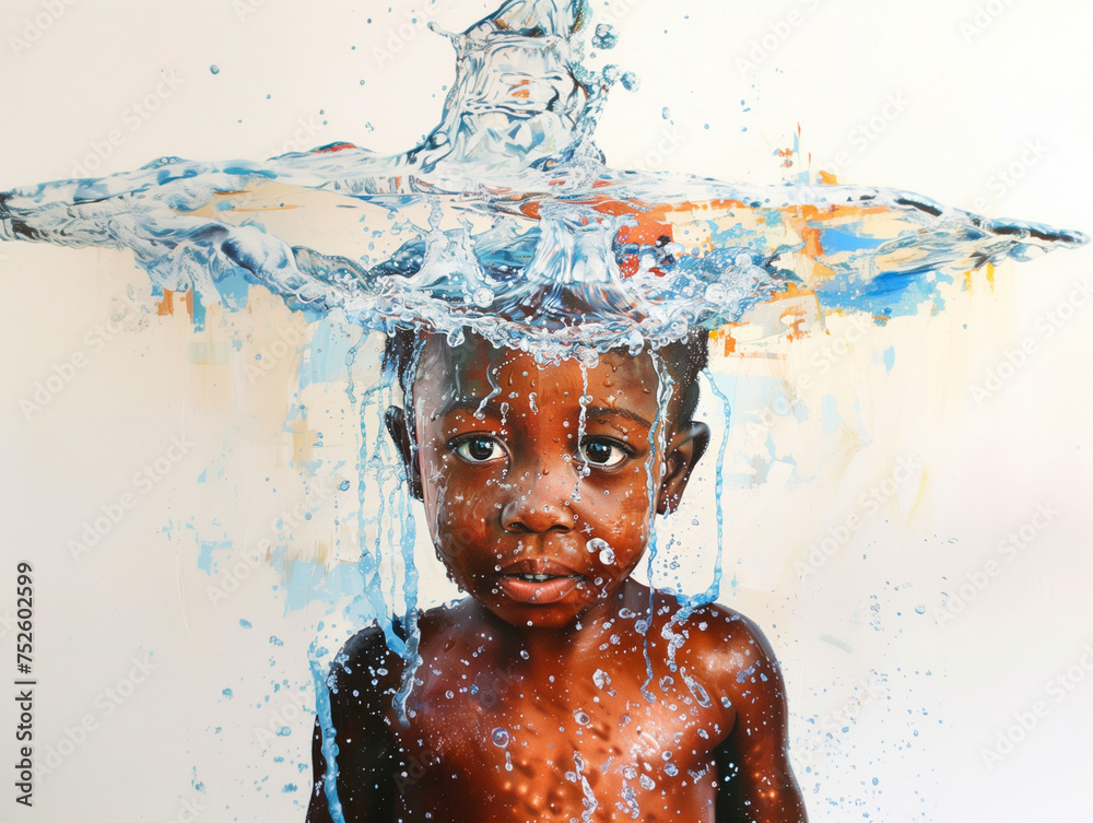 World water day concept, a young african boy with water on top his head ...