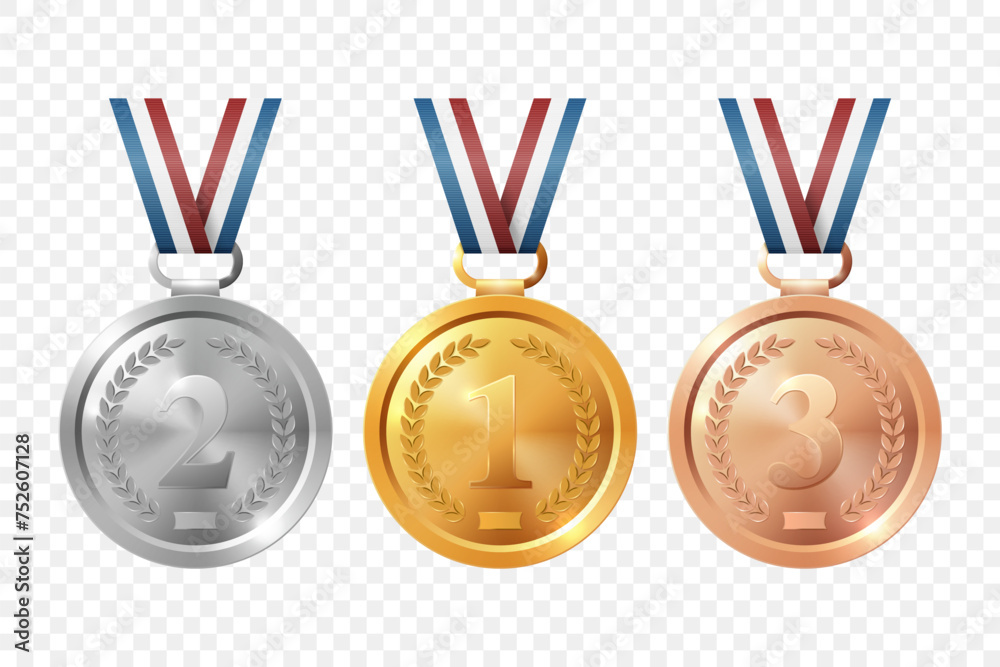 Vector Realistic Golden, Silver, Bronze Award Medal Icon Set, Closeup ...