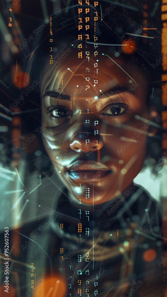 Black woman cyber security expert. With AI code illusminated overlay ...