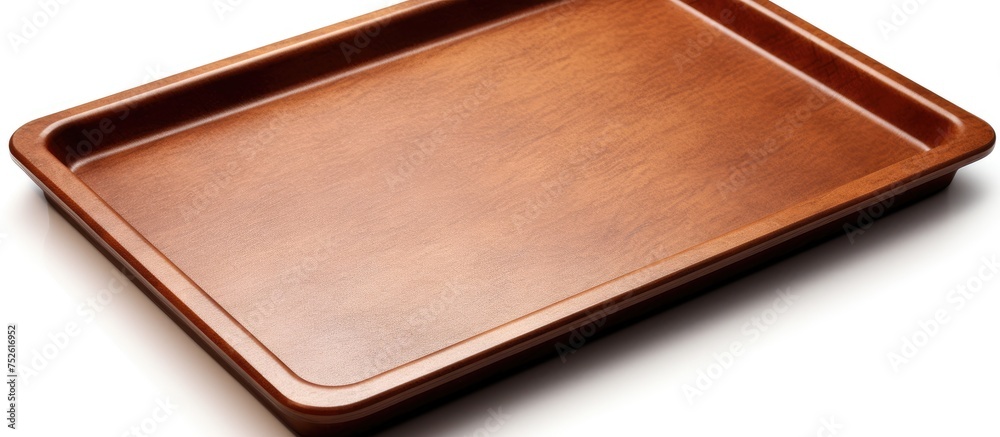A high-quality brown wooden tray sits on a clean white background ...