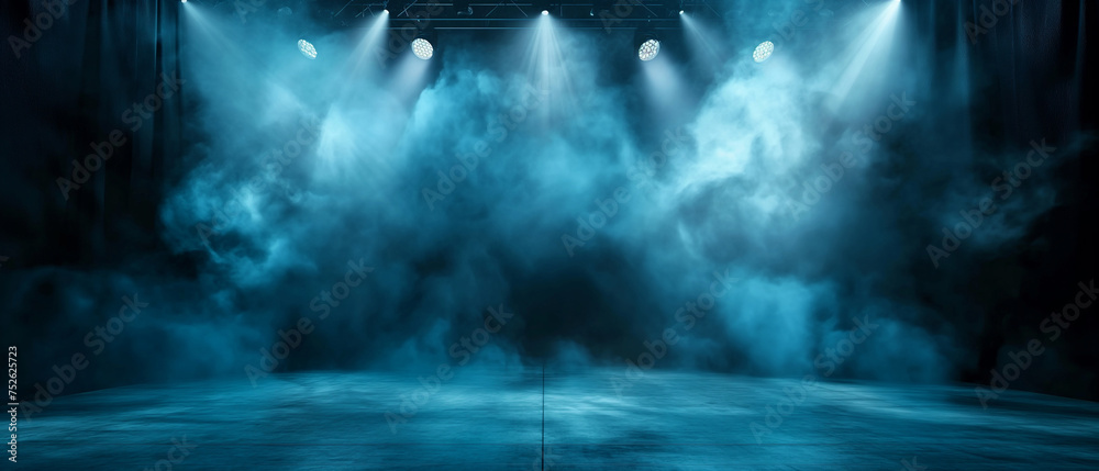 Empty stage with dramatic lighting, smoke and colored spotlight effects ...