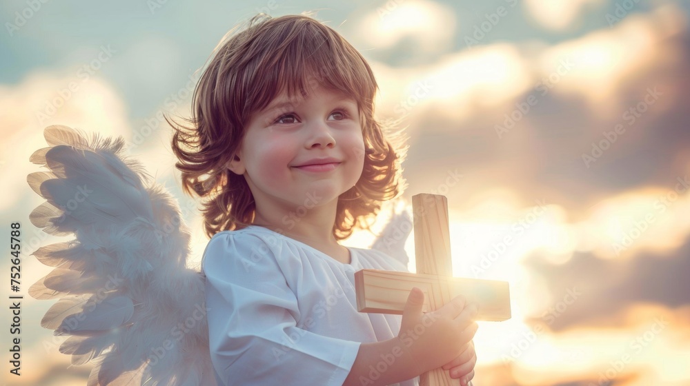Cute baby girl angel with wings holding a cross in heaven Stock Photo ...