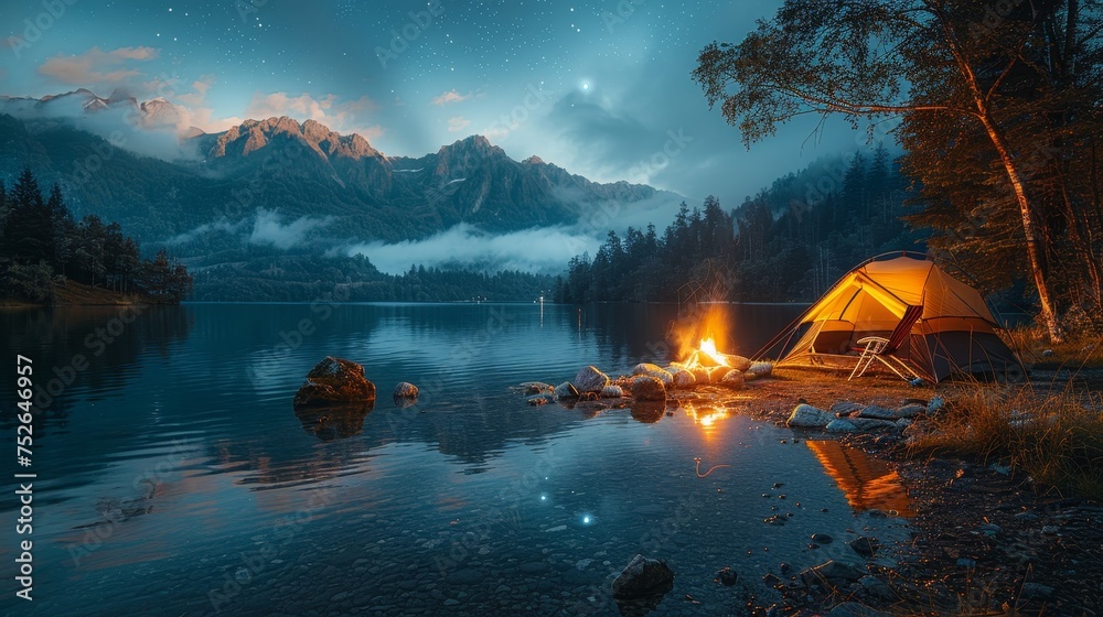 Serene lakeside camping, tent by water, campfire under starry night ...