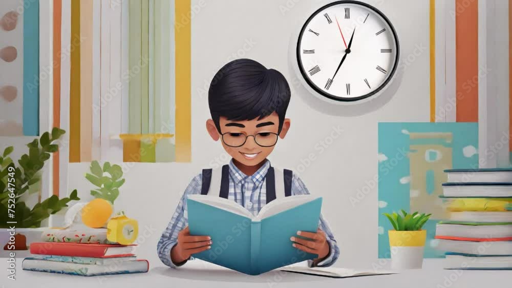Boy studying in room reading book with moving wall clock, simple time ...