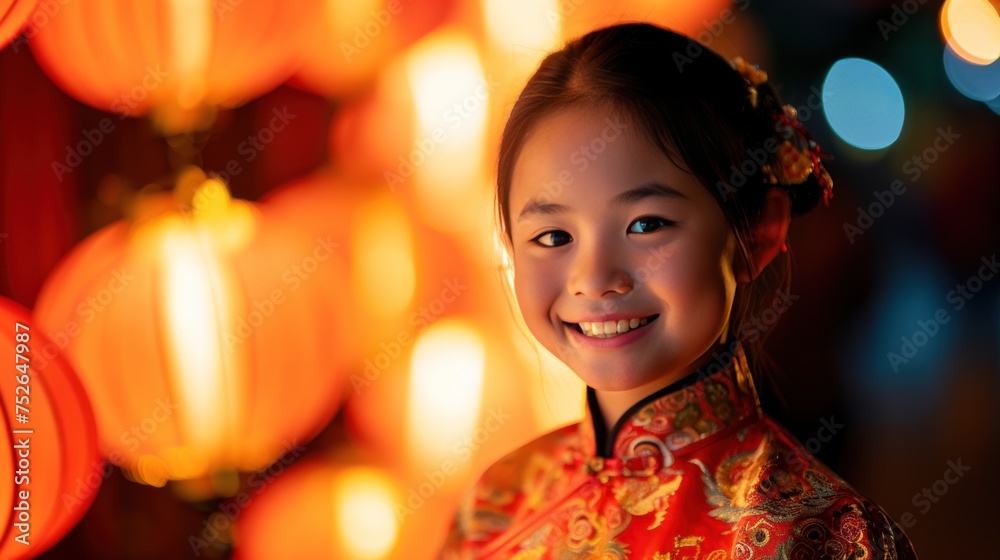 A little girl in traditional clothing in lantern festival in street to ...